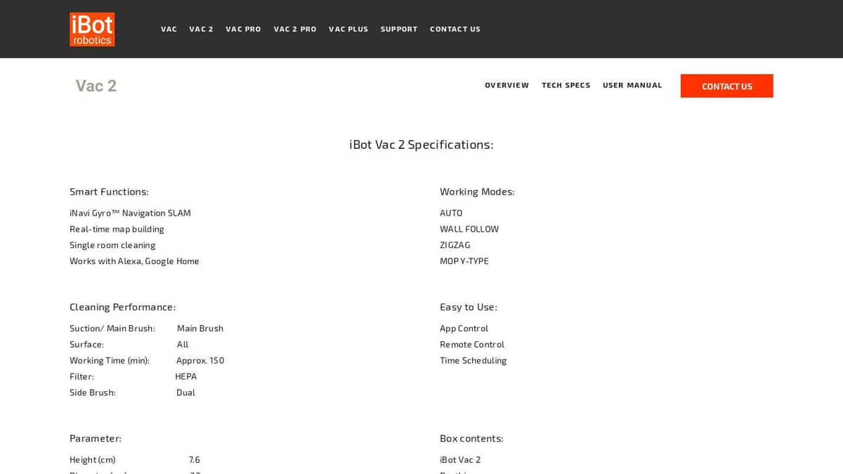 IBOT VAC 2| Vacuum Cleaning Robot - IBOT Specs