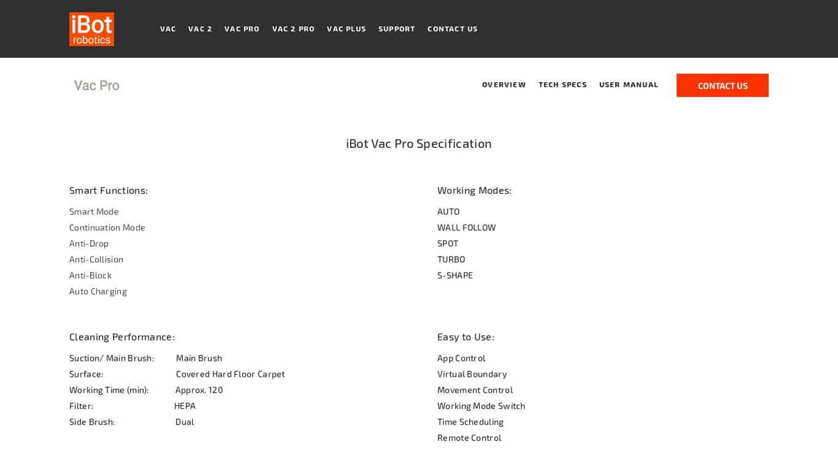 IBOT VAC PRO| Vacuum Cleaning Robot - IBOT Specs